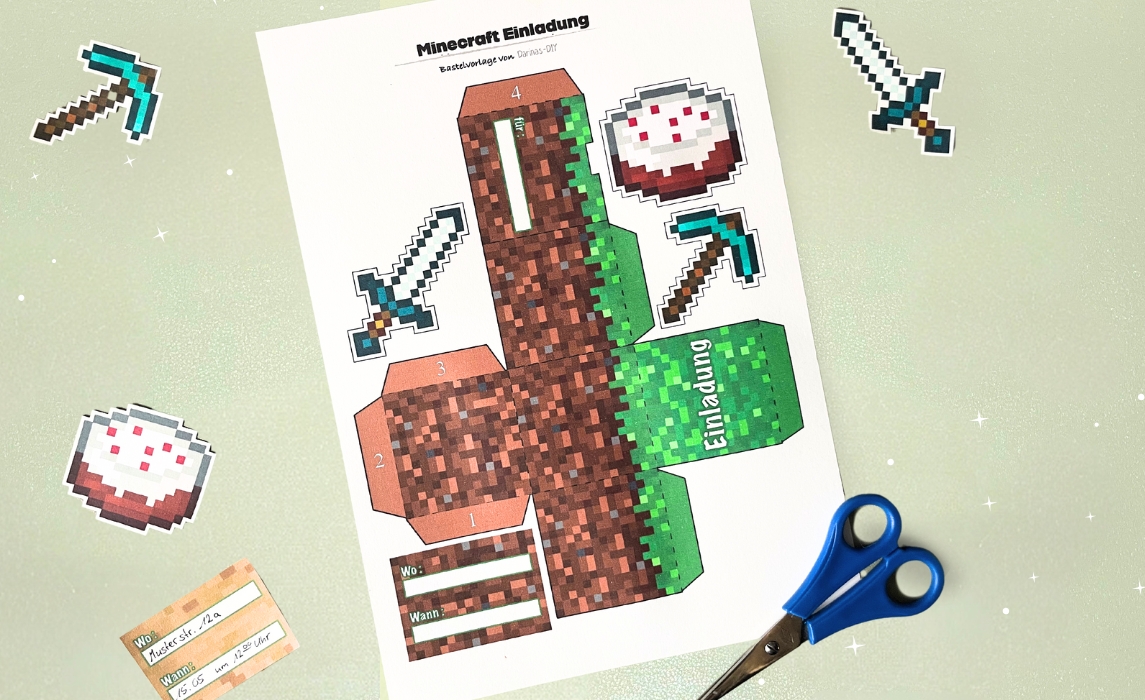 Minecraft-Einladungskarten selber basteln, kostenlose Vorlagen