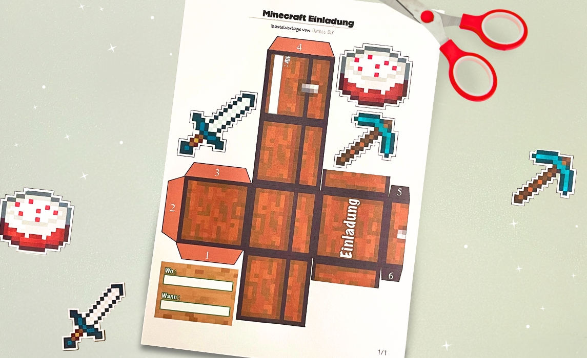 Minecraft-Einladungskarten selber basteln, kostenlose Vorlagen
